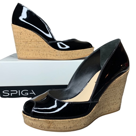 Via Spiga | Shoes | Via Spiga Stam Black Patent Leather Peep Toe Wedge ...